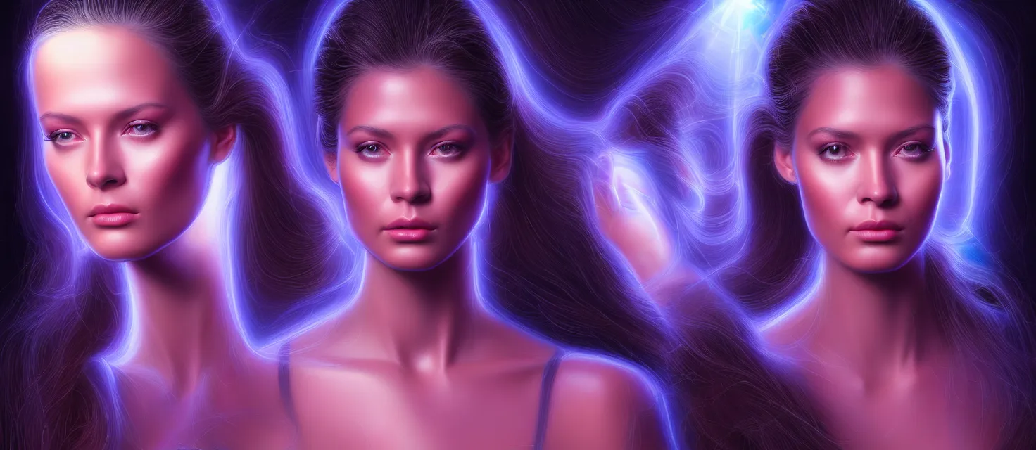 beauty young woman with detailed faces in holograms of | Stable ...