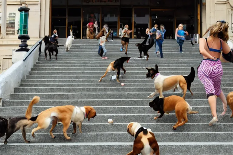 dogs running down the steps of a movie theater | Stable Diffusion | OpenArt