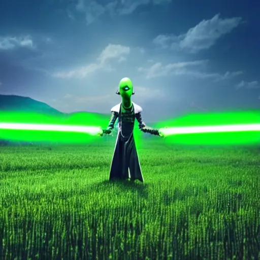 an alien is standing in a field with a green lightsaber | Stable ...