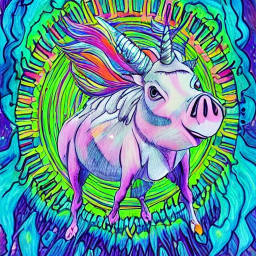trippy comic art of a unicorn horned pig with white | Stable Diffusion ...