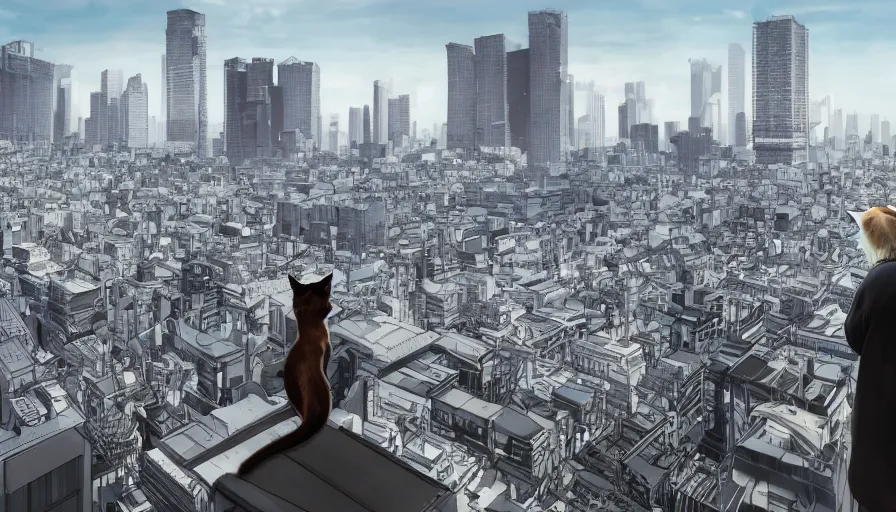 Back view of a cat admiring Tokyo from the roof of a | Stable Diffusion ...