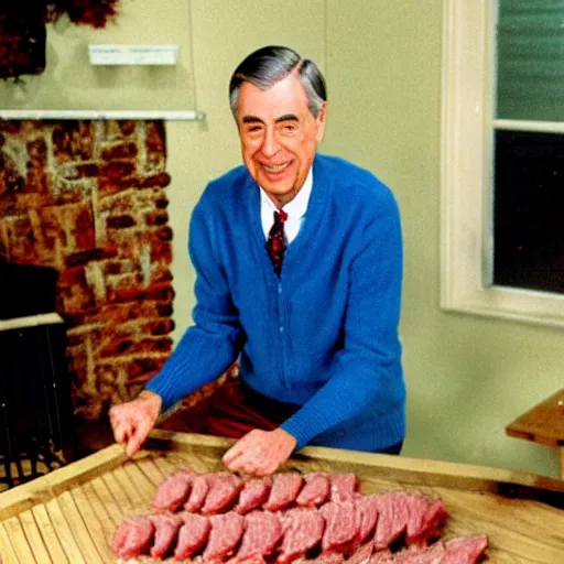 mr. rogers feeding raw meat to swine | Stable Diffusion | OpenArt