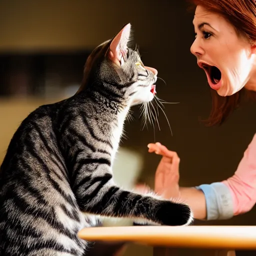 photo of a cat yelling at a woman at a table | Stable Diffusion | OpenArt