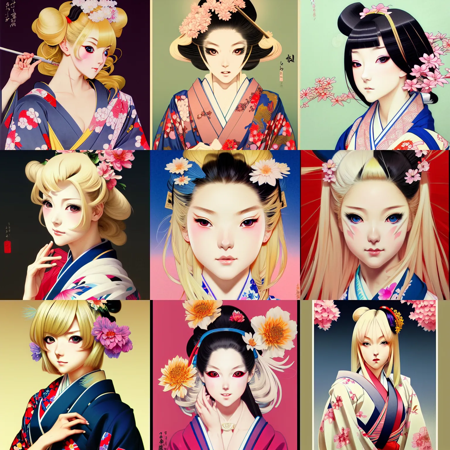 symmetry!! anime blonde girl geisha portrait, wearing | Stable ...