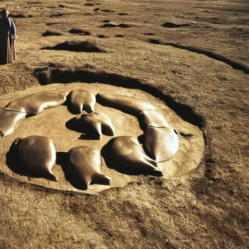 Neolithic humans praying to a giant golden baby seal, | Stable ...