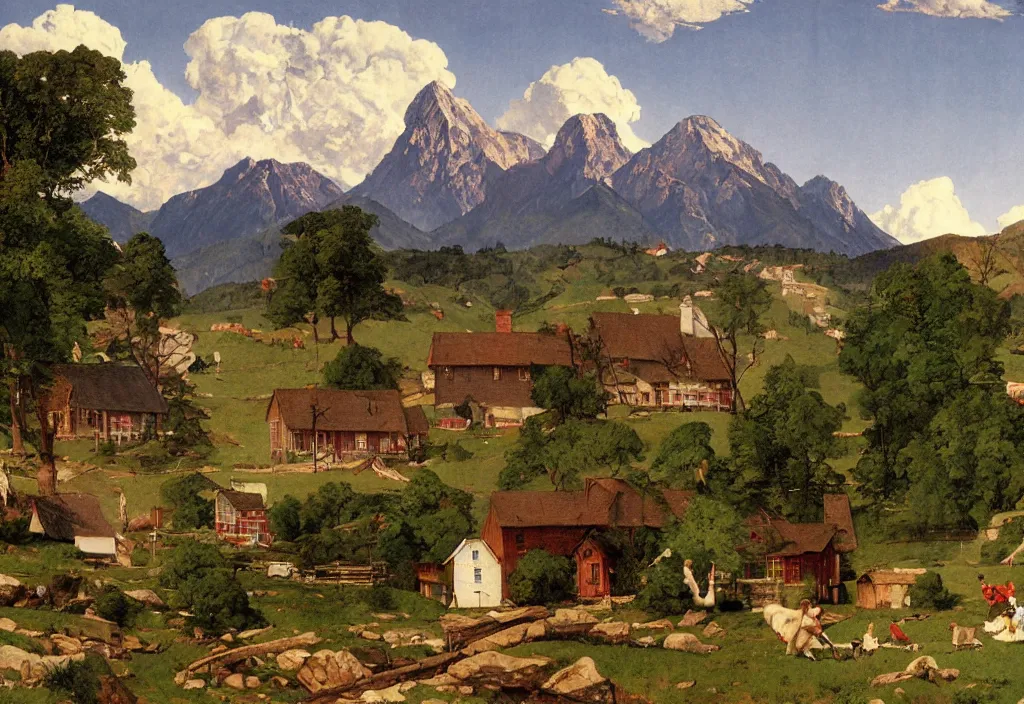 painting of a rural town with mountains in the | Stable Diffusion | OpenArt
