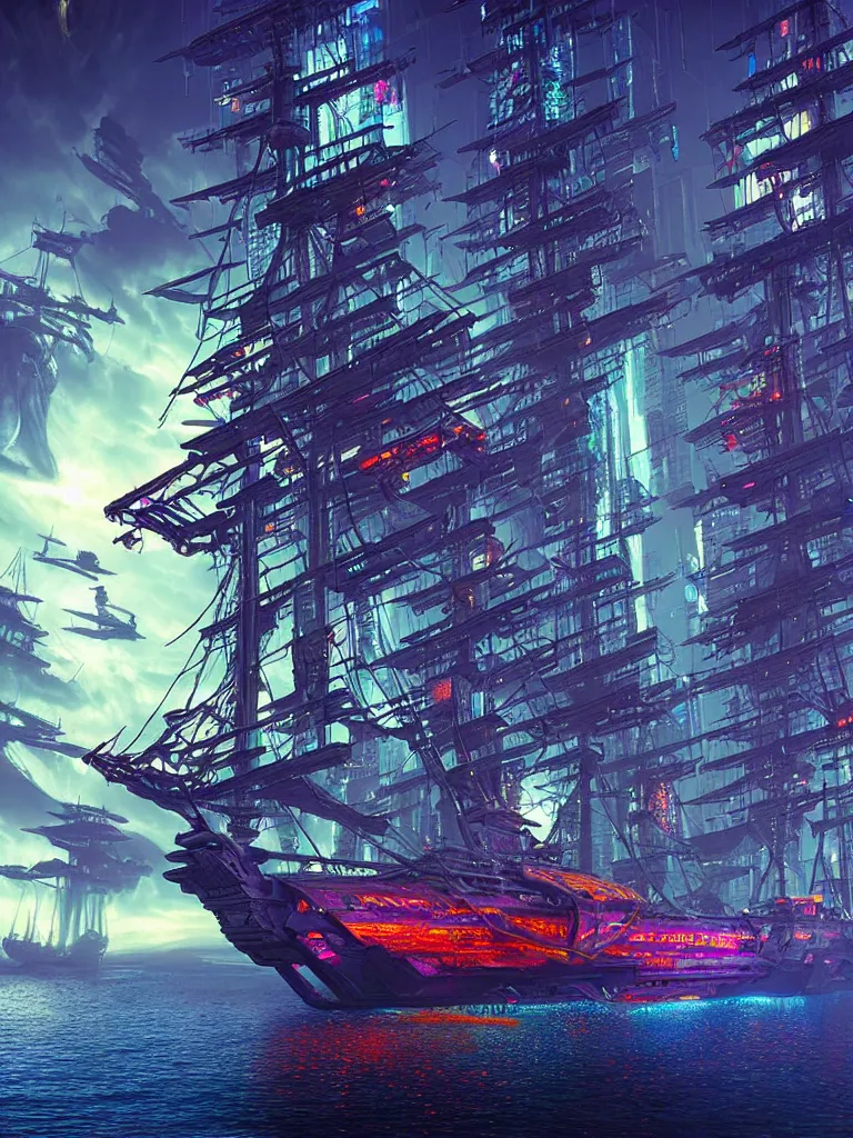 an epic looking cyberpunk pirate ship, docking in | Stable Diffusion ...