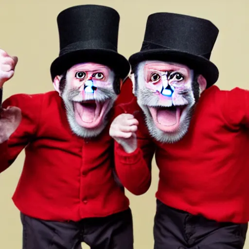 3 monkeys wearing red top hats, pointing their fingers | Stable Diffusion | OpenArt