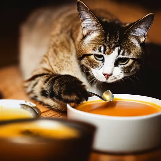 a cat eating soup with a spoon, professional | Stable Diffusion