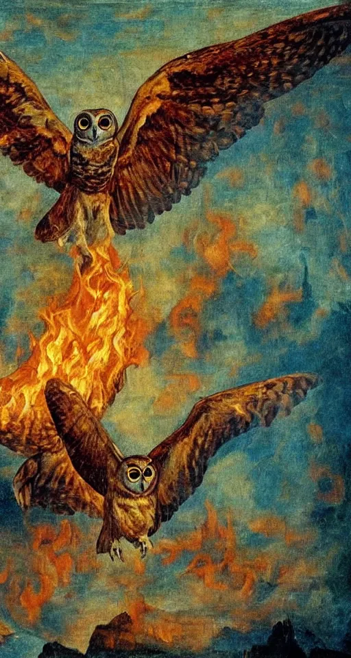 bosch painting of an owl god flying over a lake of fire | Stable ...