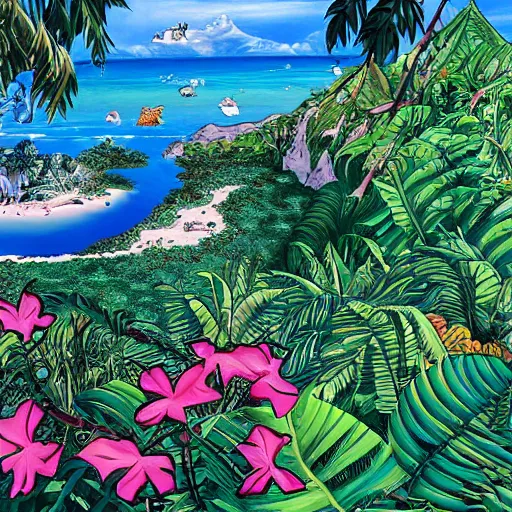 a beautiful painting of a tropical island paradise by | Stable Diffusion