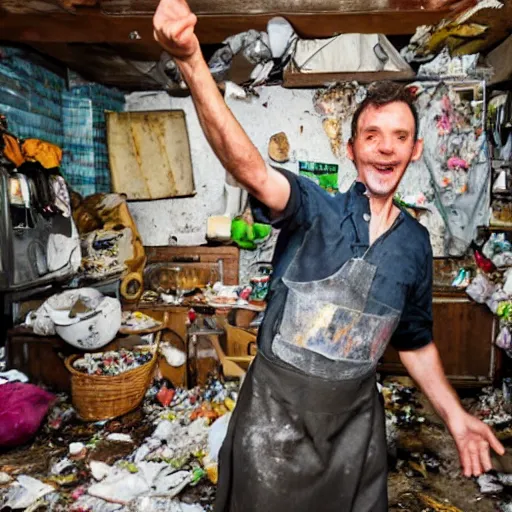 photo of a man dancing in the kitchen, full of trash, | Stable ...