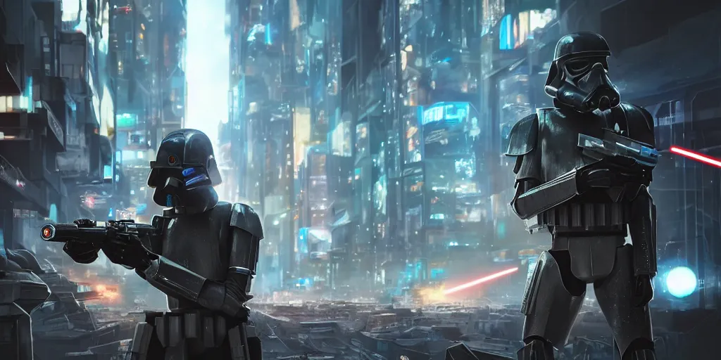 cyber soldier shooting a star wars gun in a cyberpunk | Stable ...