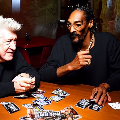 david lynch and snoop dogg sitting at table in cafe, | Stable Diffusion