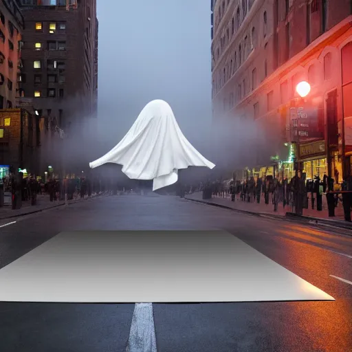 ghost under a sheet floating over NYC sidewalk at | Stable Diffusion ...