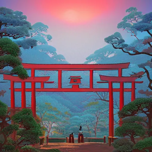 a japanese landscape filled with torii arches, dawn, | Stable Diffusion | OpenArt