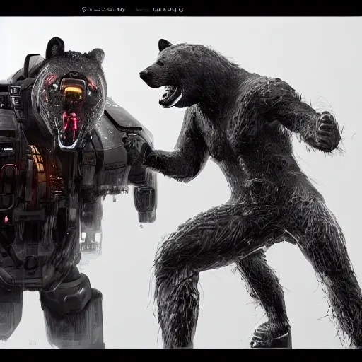 realistic illustration, black bear fighting a cyborg, | Stable Diffusion | OpenArt