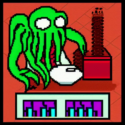 Cthulhu drinking tea with Satan, pixelated, retro | Stable Diffusion ...
