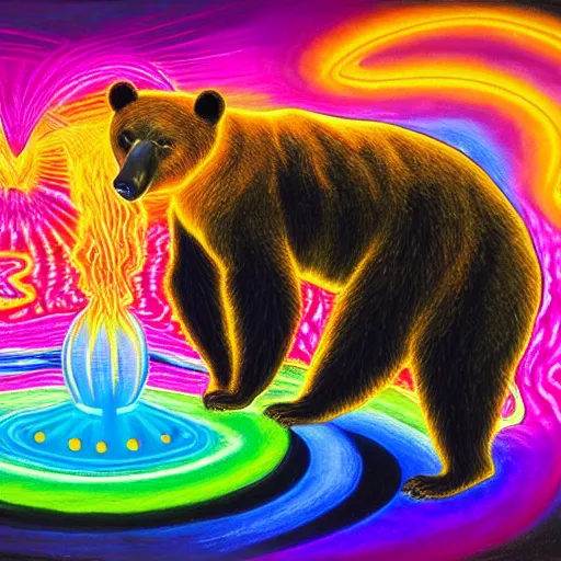 bear spinning fire poi, painted by lisa frank, alex | Stable Diffusion ...