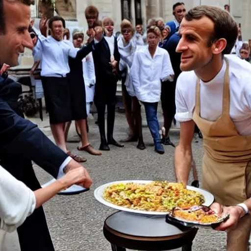 a barefoot emmanuel macron giving food to the poor | Stable Diffusion