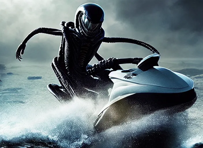 film still of alien!! xenomorph!! jet skiing in the | Stable Diffusion ...