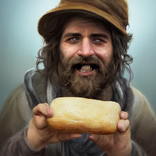 Epic portrait A happy homeless man holding loaf of | Stable Diffusion ...