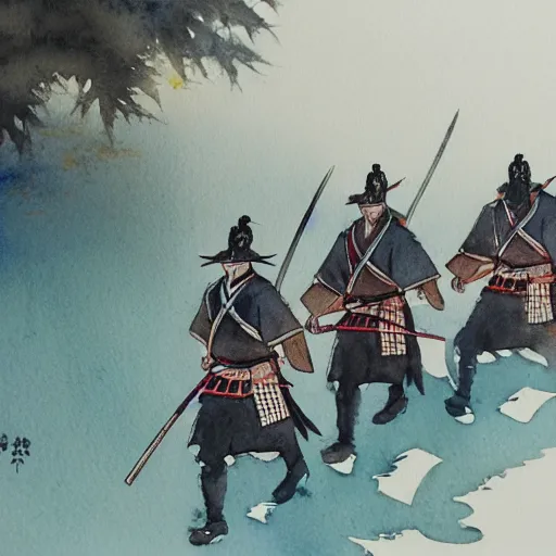 detailed watercolor painting of samurai marching down | Stable ...