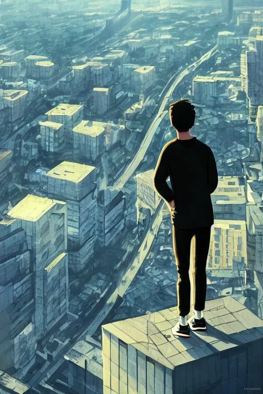 Man in black adidas tracksuit looking atop of a urban | Stable Diffusion | OpenArt