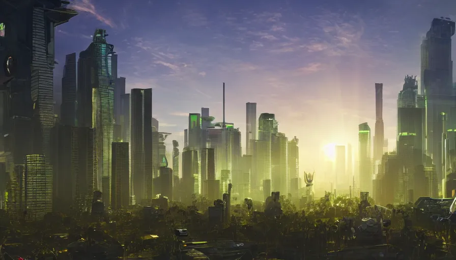 wide view of green cyberpunk los angeles, sunrise | Stable Diffusion | OpenArt