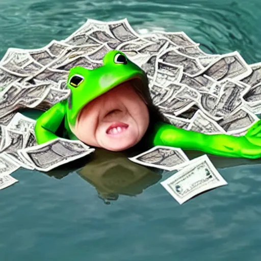 A girl in a frog costume is drowning in money | Stable Diffusion | OpenArt