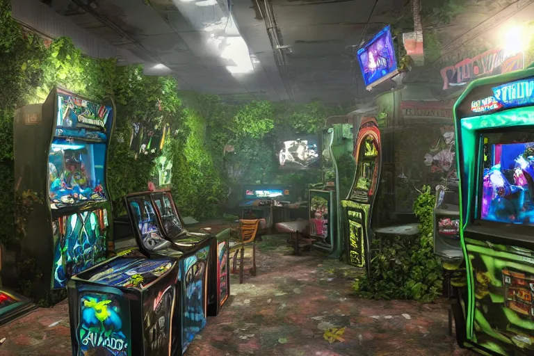 overgrown videogame arcade, ultra detailed realistic | Stable Diffusion ...