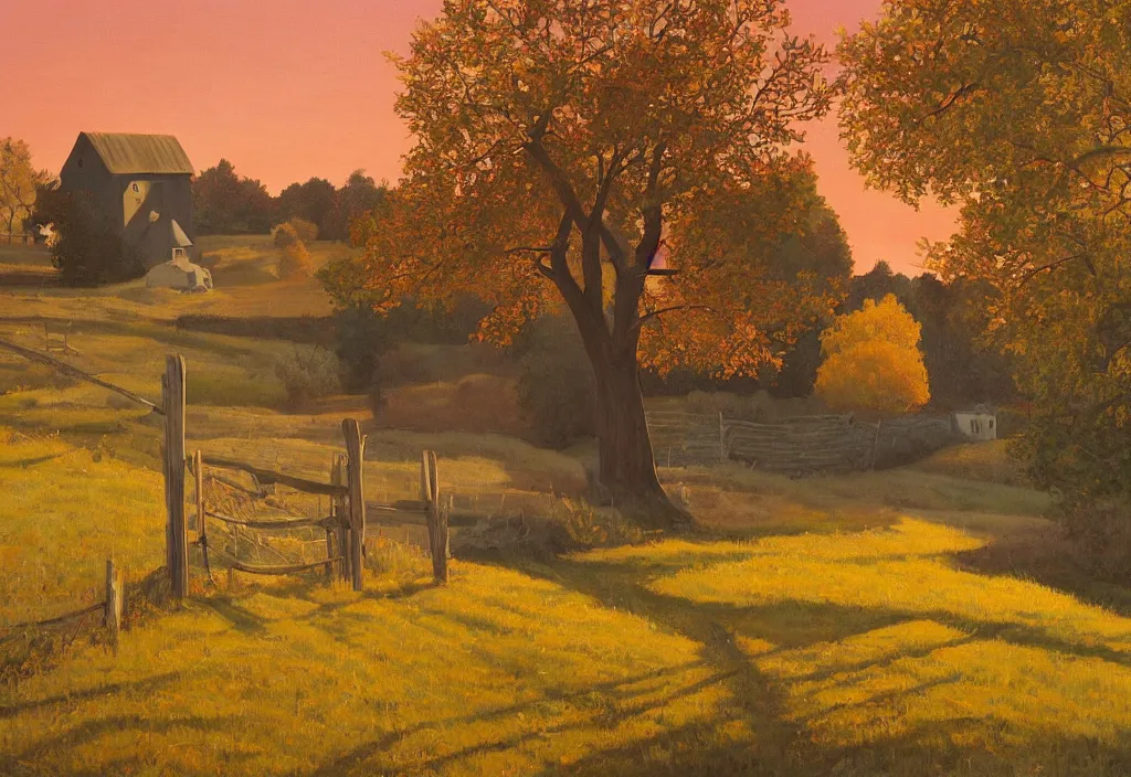 a landscape painting of an old farm house and a | Stable Diffusion