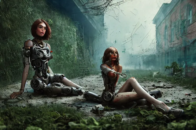 Broken cyborg girl sitting on old courtyard with mud | Stable Diffusion | OpenArt