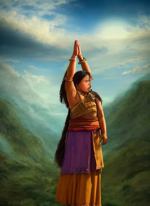 incan female priest starring at the sky with arms up, | Stable ...