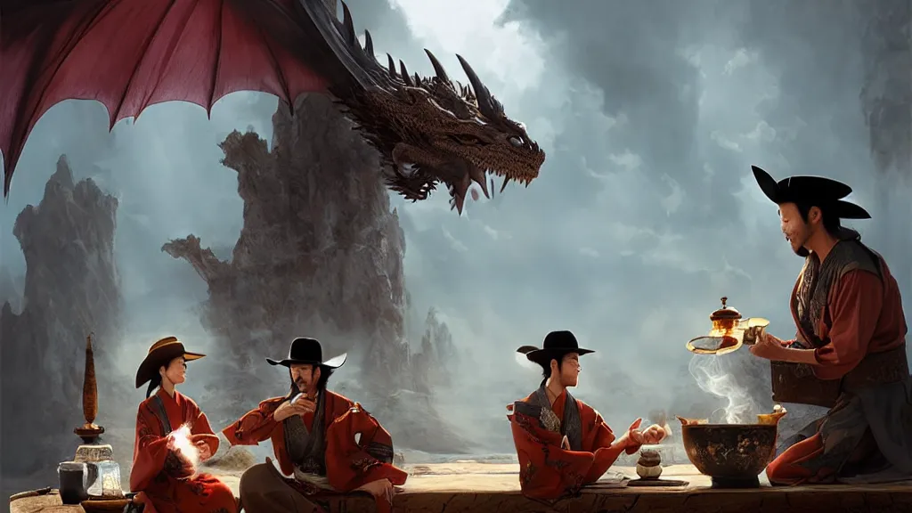 Tea ceremony between a Western cowboy and a dragon, | Stable Diffusion