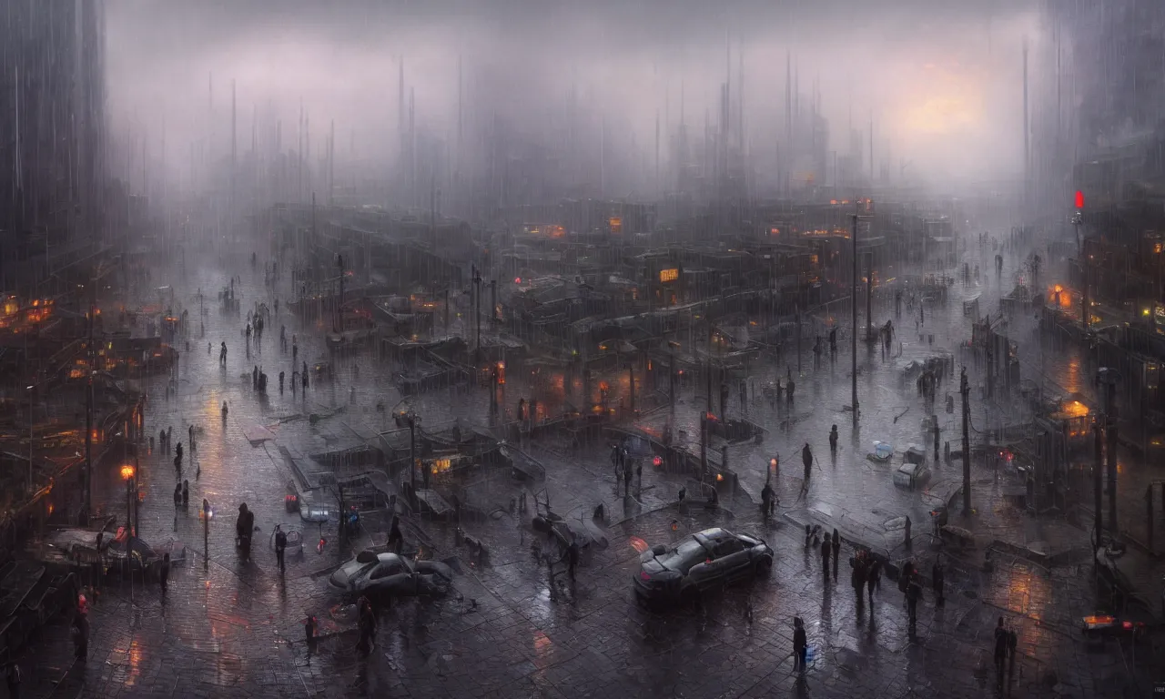 A landscape with a dystopian city, rain, puddles, oil, | Stable ...
