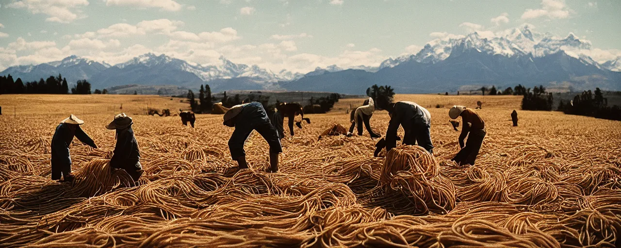 farmers harvesting spaghetti from a vast field, snowy | Stable ...