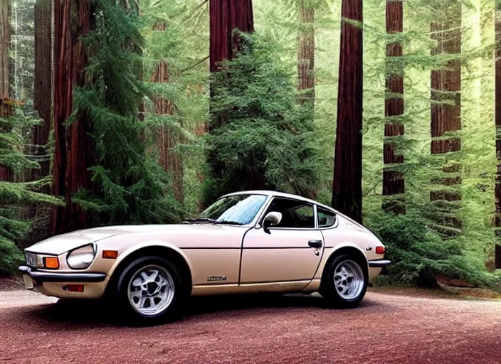 a datsun 2 4 0 z among tall redwood trees, in the art | Stable ...