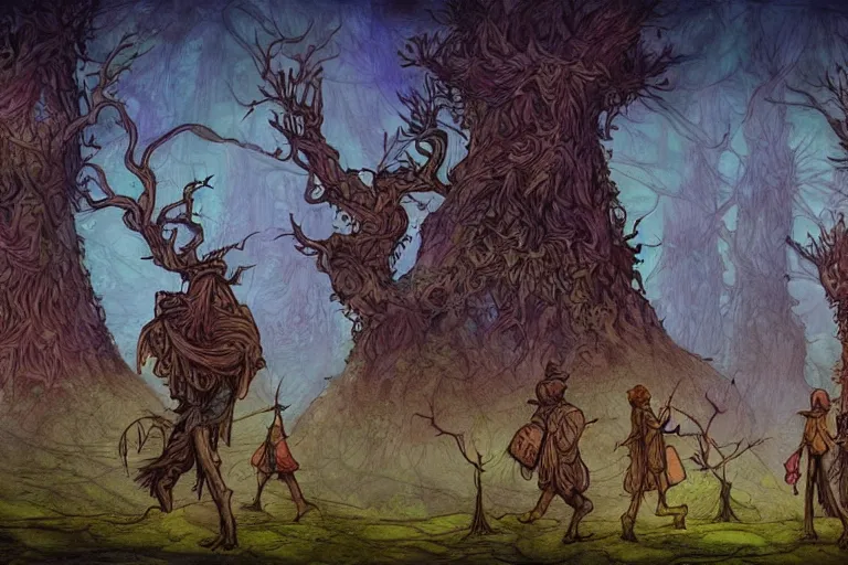 group of treefolk merchant nomads walking through a | Stable Diffusion ...