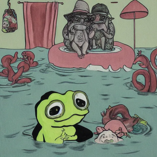 pepe the frog holding a pig in flooded bathroom, | Stable Diffusion ...