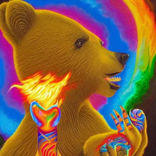 bear spinning fire poi, painted by lisa frank, alex | Stable Diffusion ...
