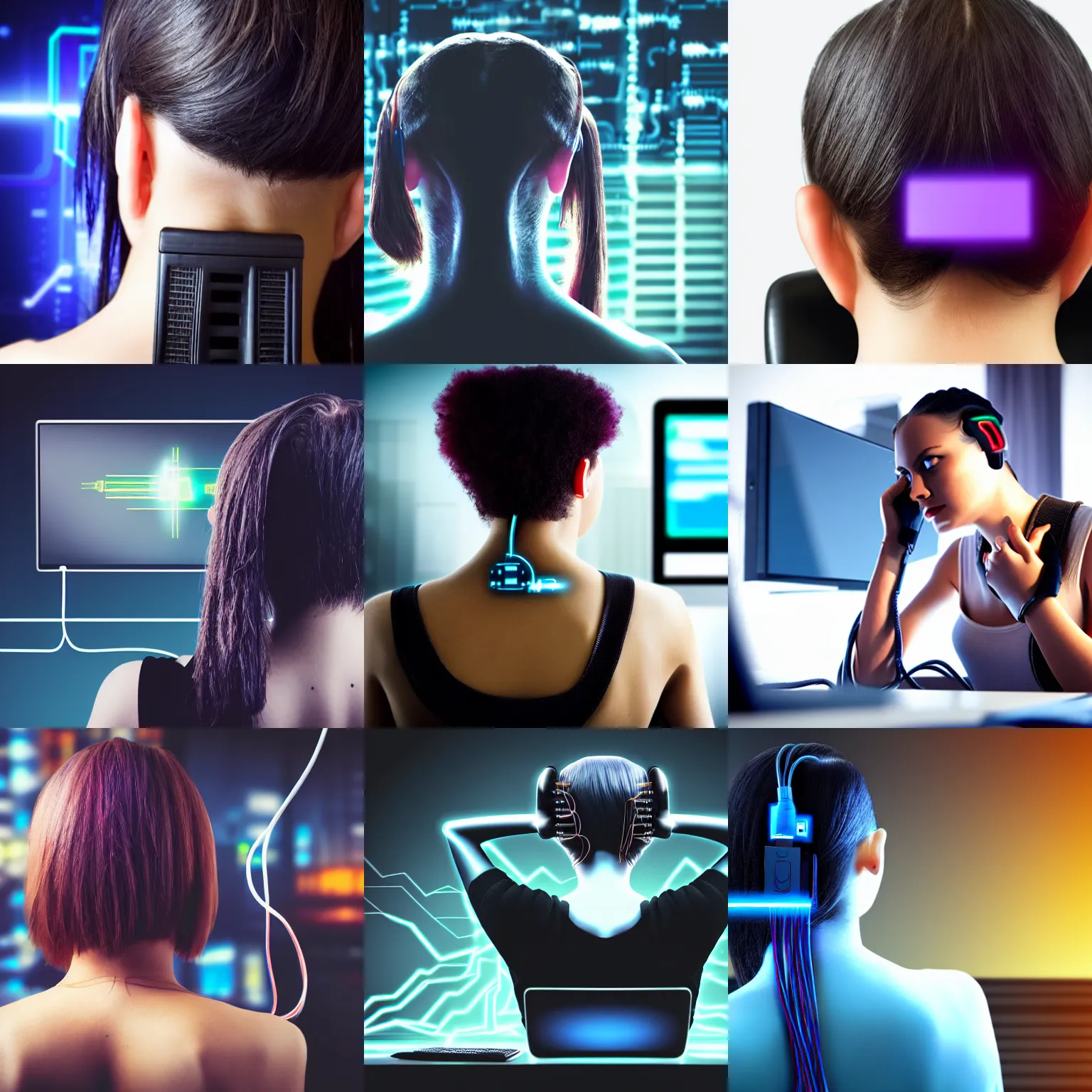 cable plugged in, back of head, woman, computer | Stable Diffusion ...