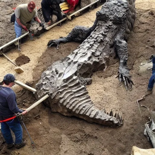 archeologists finding a huge Godzilla fossilized | Stable Diffusion