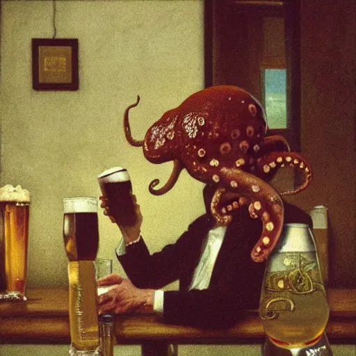 An octopus drinking a beer in a pub, an illustration | Stable Diffusion ...