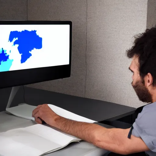 a neanderthal sitting on a office chair staring at a | Stable Diffusion ...