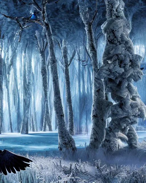 realistic scene of frozen forest and ravens, 8k, ultra | Stable ...