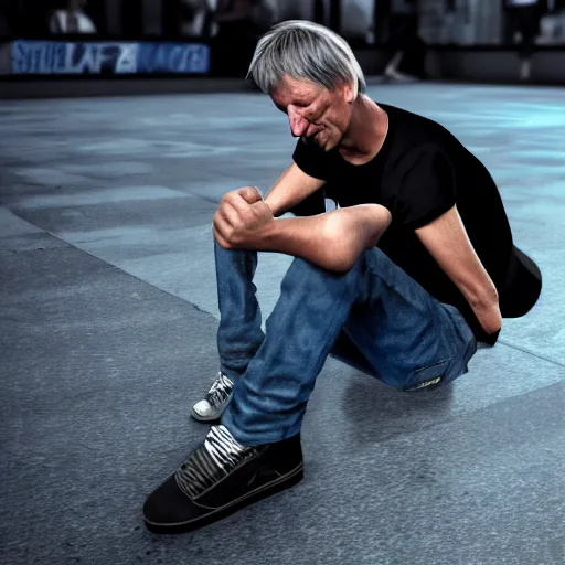 tony hawk crying, his legs end at the knee, | Stable Diffusion | OpenArt