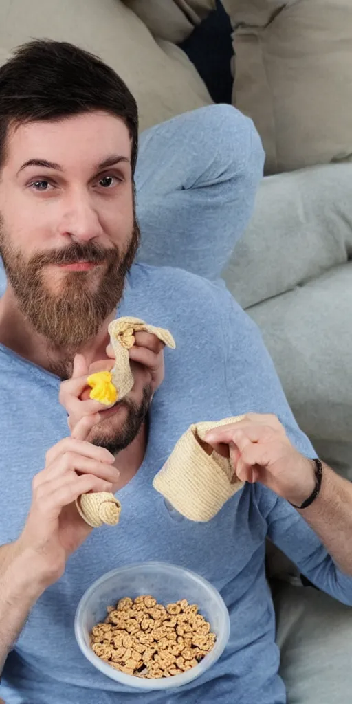 a man eating cereal out of a sock that is made from, | Stable Diffusion ...