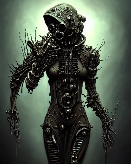 front shot of a cyberpunk hooded dead biomechanical | Stable Diffusion