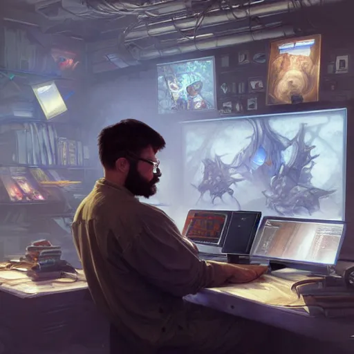 an IT guy who is a nerd, surrounded by Computers, D&D, | Stable Diffusion | OpenArt
